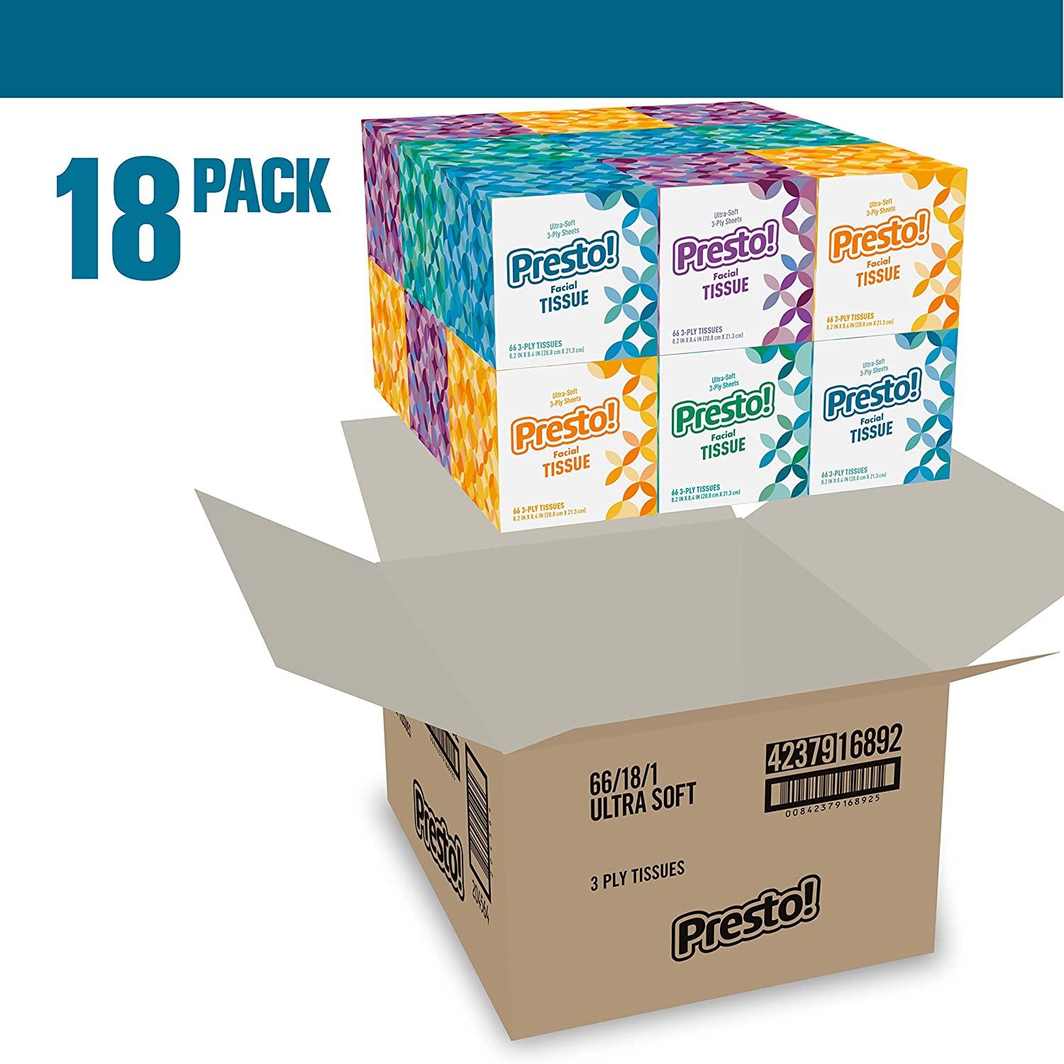 Presto! Ultra-Soft Facial Tissues - 3-Ply, 66 Count per Box (Pack of 18 ...