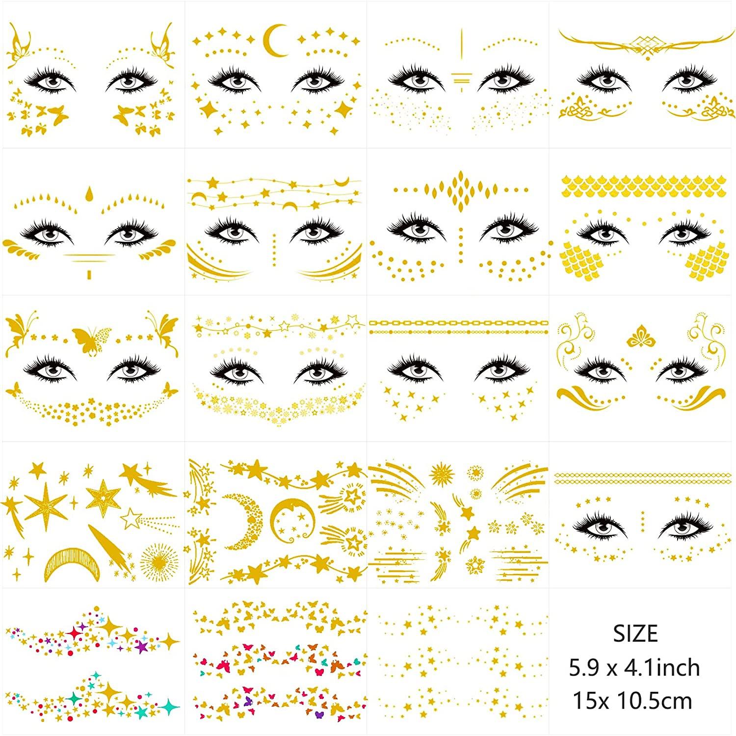 21 Sheets Face Tattoos Sticker with 80+ Patterns for Women - Metallic ...