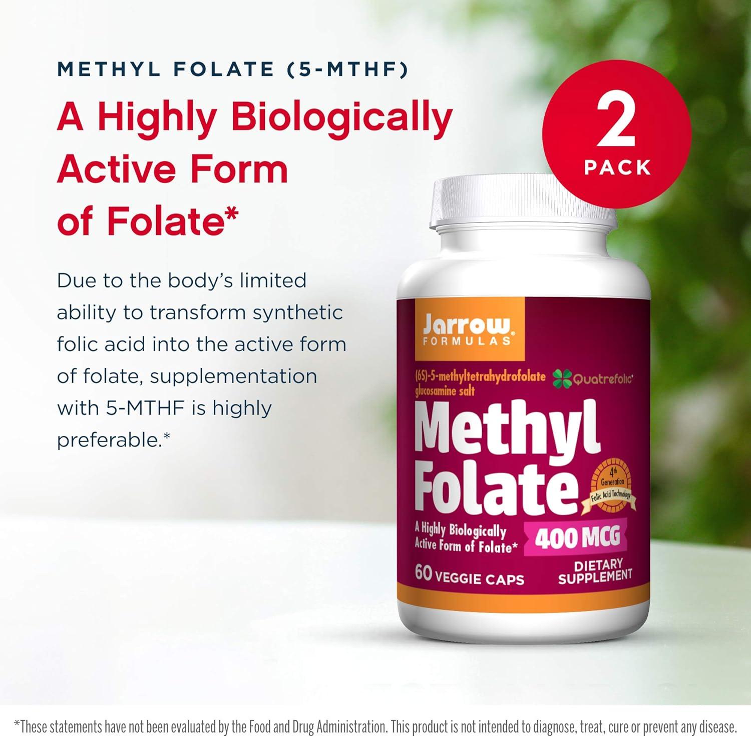 Jarrow Formulas Methyl Folate 400mcg - 60 Veggie Caps x 2 | Highly Bioactive Folate | 4th Gen ...