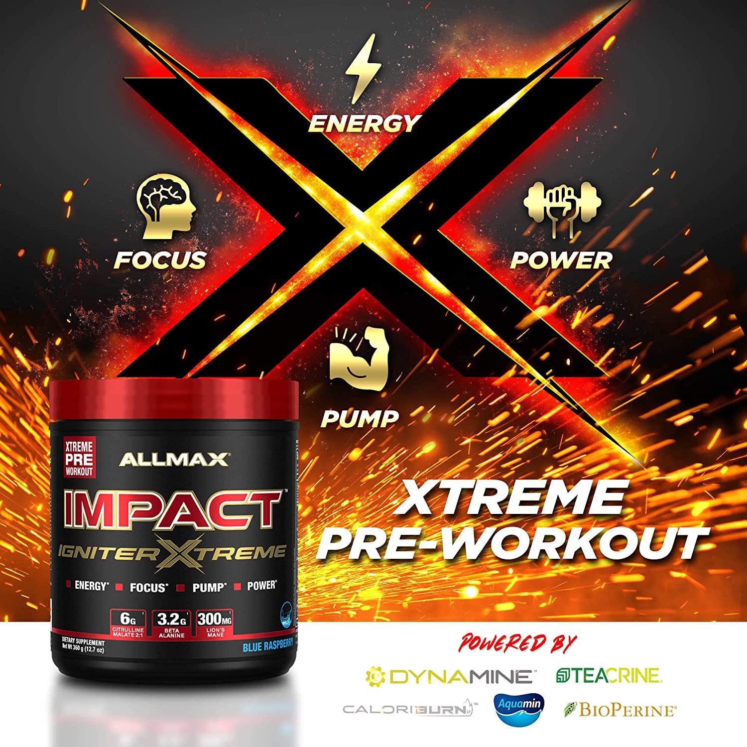 ALLMAX IMPACT Igniter Pre-Workout Blue Raspberry 11.6 oz | Boost Energy ...