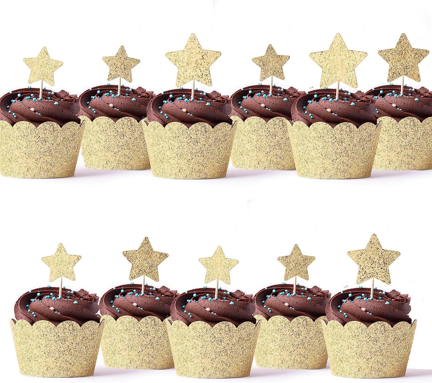 PACK of 24pcs Star Shaped Toppers in Gold Glitter Glitter Cake ...