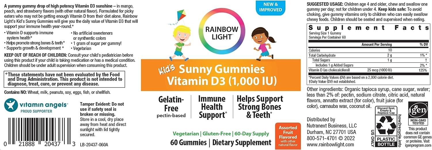 Rainbow Light Kids Sunny Gummies Vitamin D3 1000 IU Assorted Fruit 60ct ...
