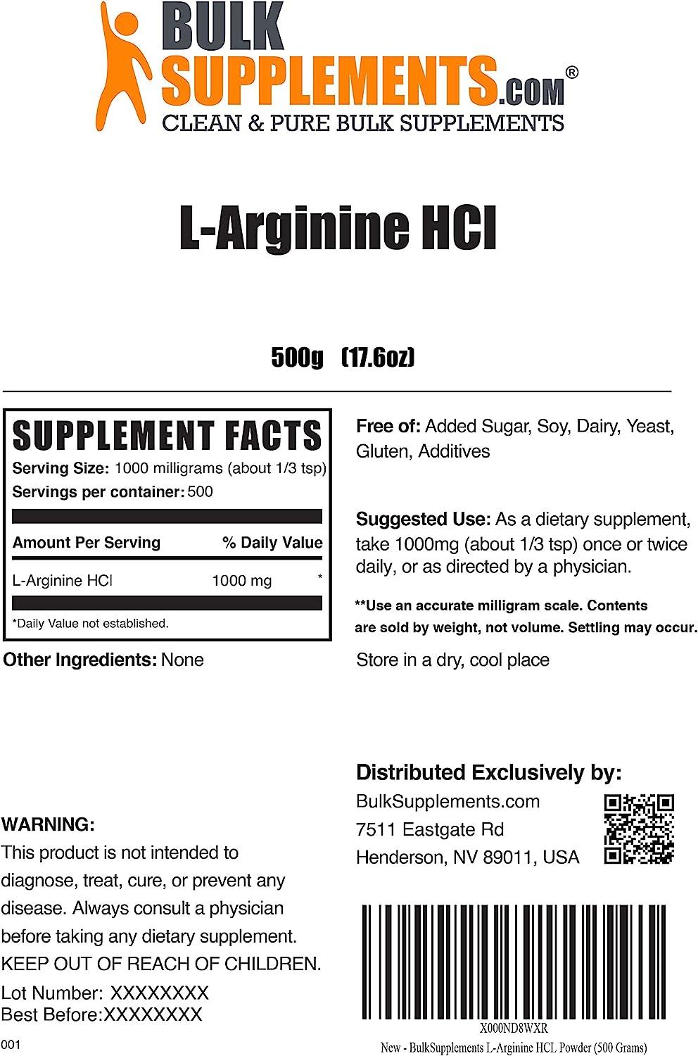 1000mg L-Arginine HCl Powder - Nitric Oxide Supplement - 500g - 1.1lb ...