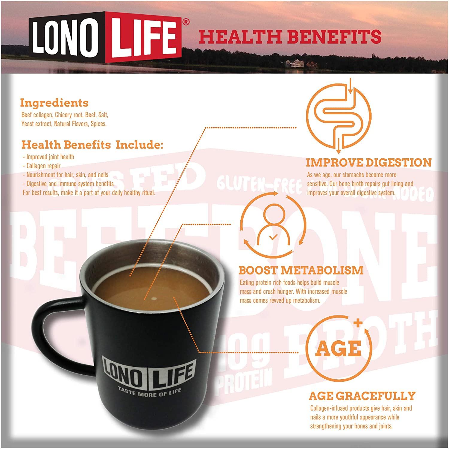 LonoLife Grass-Fed Beef Bone Broth Powder - 10g Protein, Low-Sodium ...