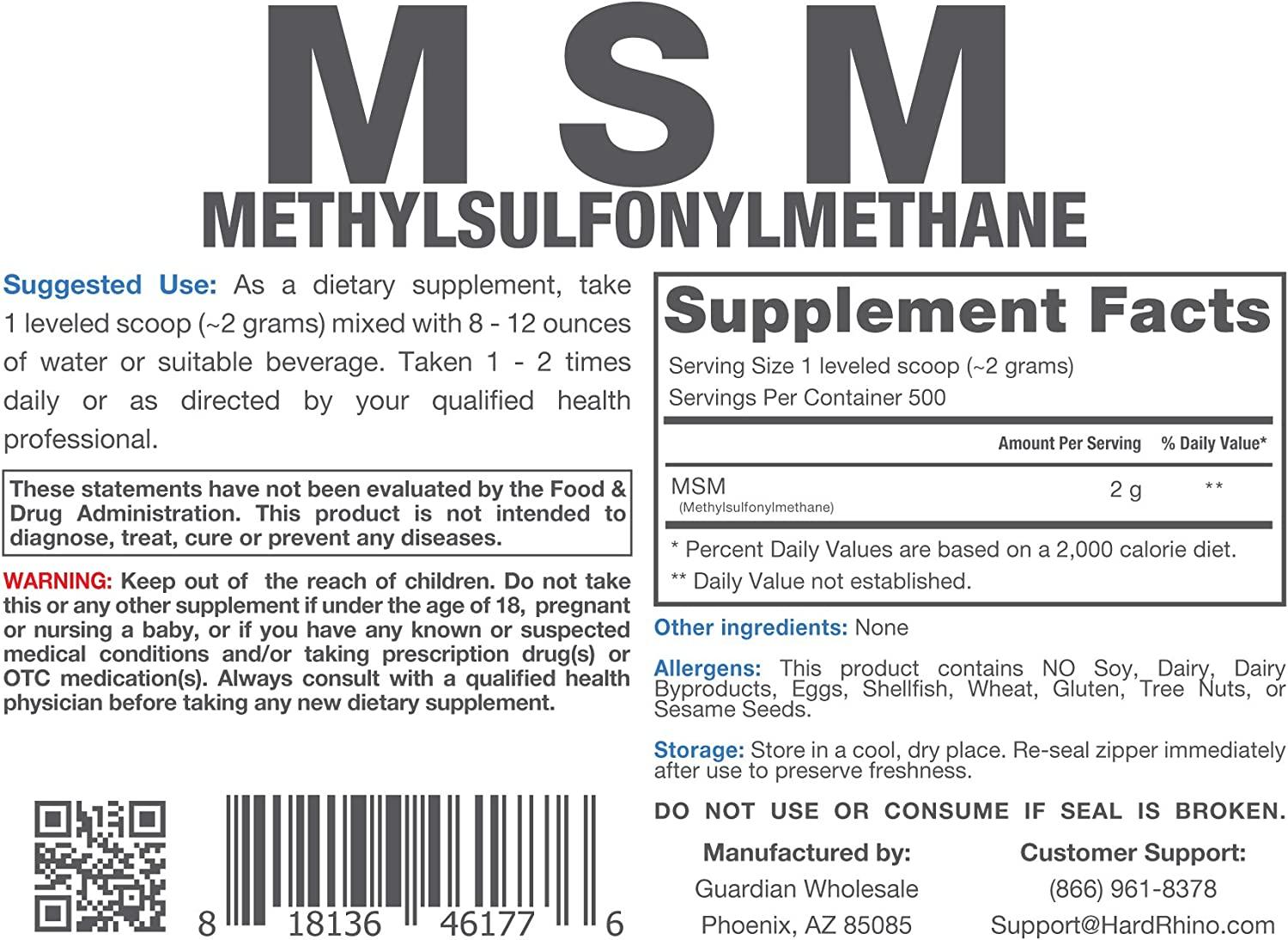 Hard Rhino MSM Powder 1kg (2.2lbs) Unflavored - Lab-Tested with Scoop ...