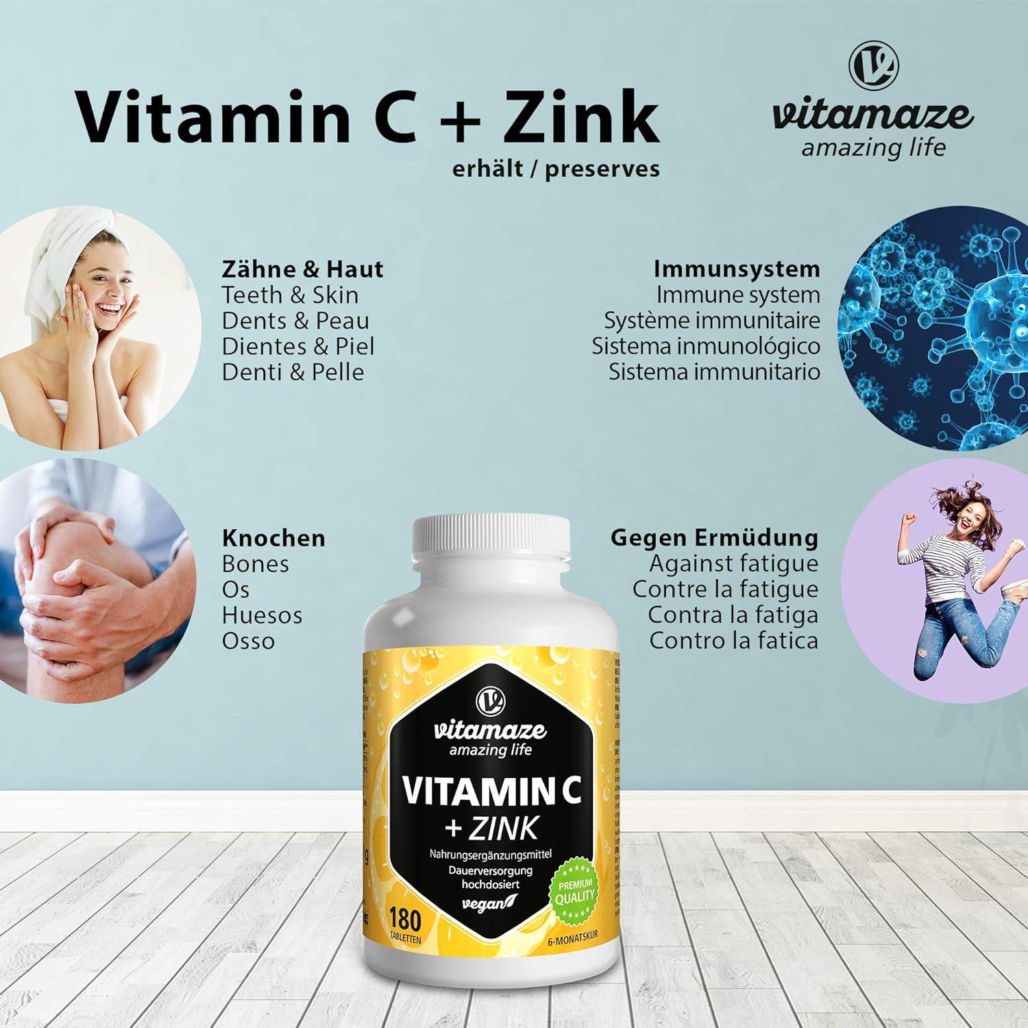 Buy Vitamin C 1000mg + Zinc - Vegan Bioavailable 180 Tablets - Natural ...