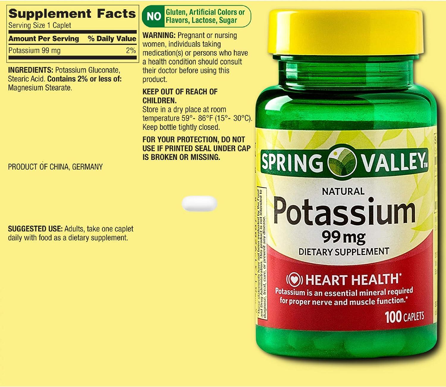 Spring Valley Potassium Supplement 99mg Caplets - 100 Caplets - 3+ Month Supply | Heart, Nerve ...
