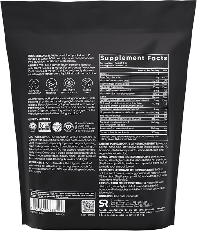 Sports Research Hydrate Electrolytes Powder - Sugar-Free Naturally ...