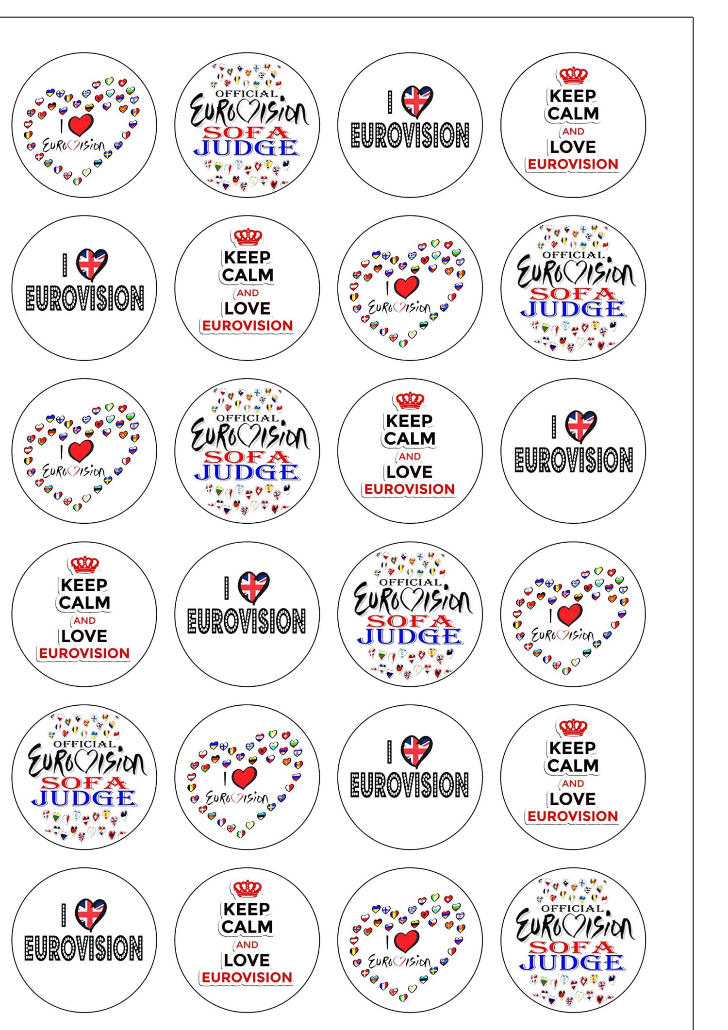 24 Precut Round I Love Eurovision Song Contest Edible Wafer paper Cake ...