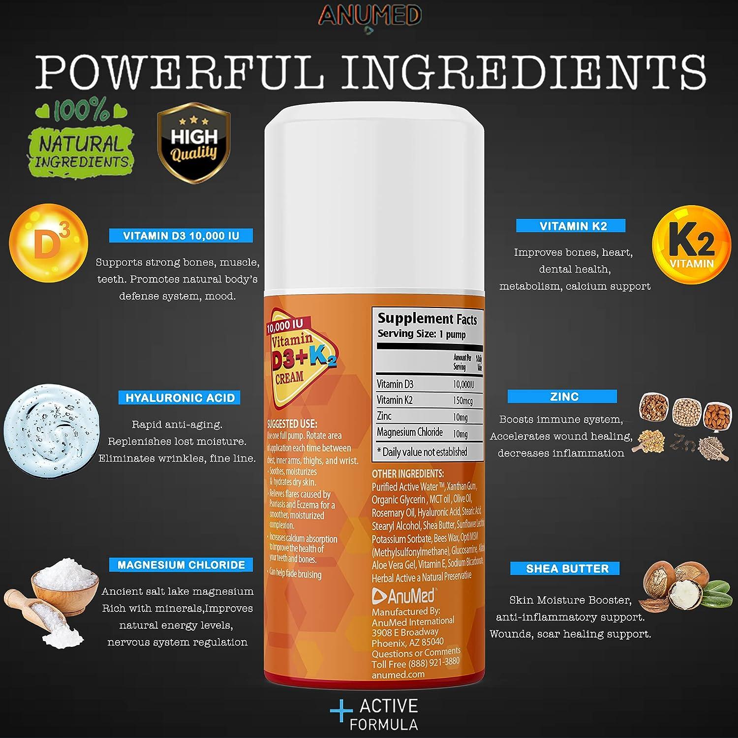 ANUMED Vitamin D3 with K2 10000 IU Cream + Magnesium + Hyaluronic Acid + Vitamin E | Stronger ...