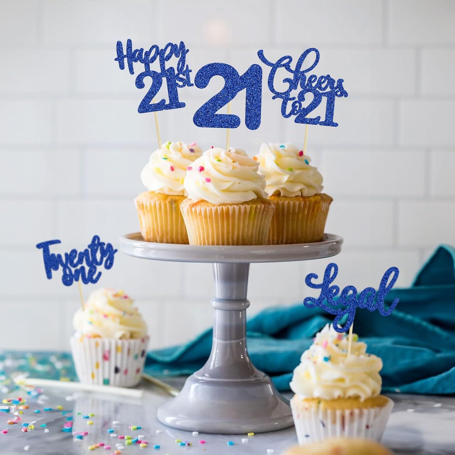 30 Pack Happy 21st Birthday Cupcake Toppers Dark Blue Glitter 21 ...