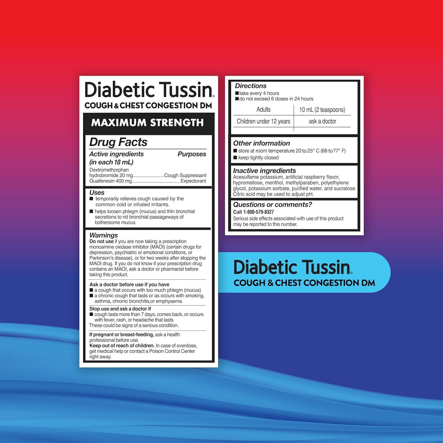 Diabetic Tussin DM Maximum Strength Cough Syrup, Berry Flavored - 4oz ...