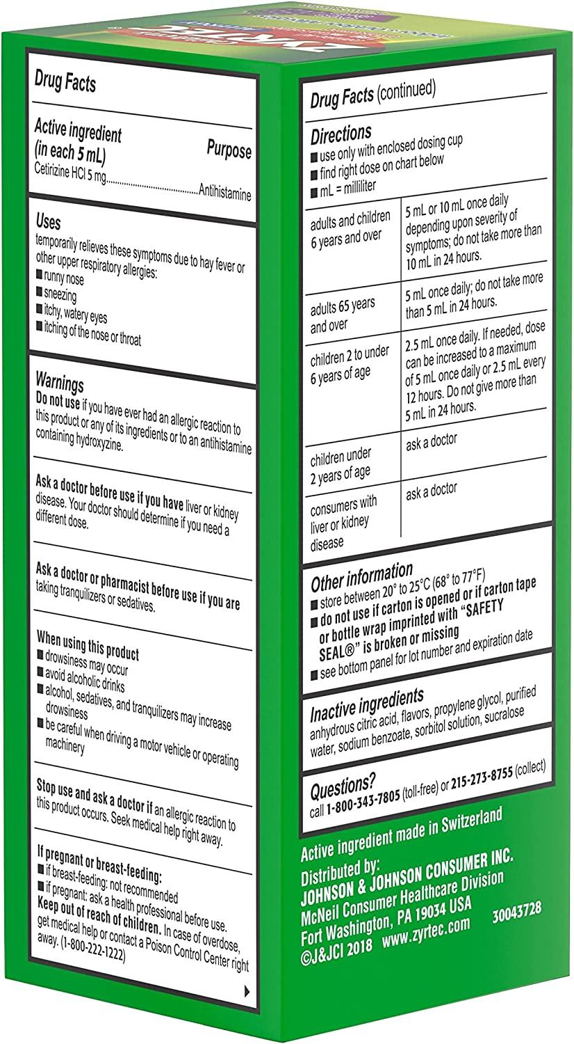Zyrtec Children's Allergy Syrup - 24 Hour Relief - Cetirizine HCl ...
