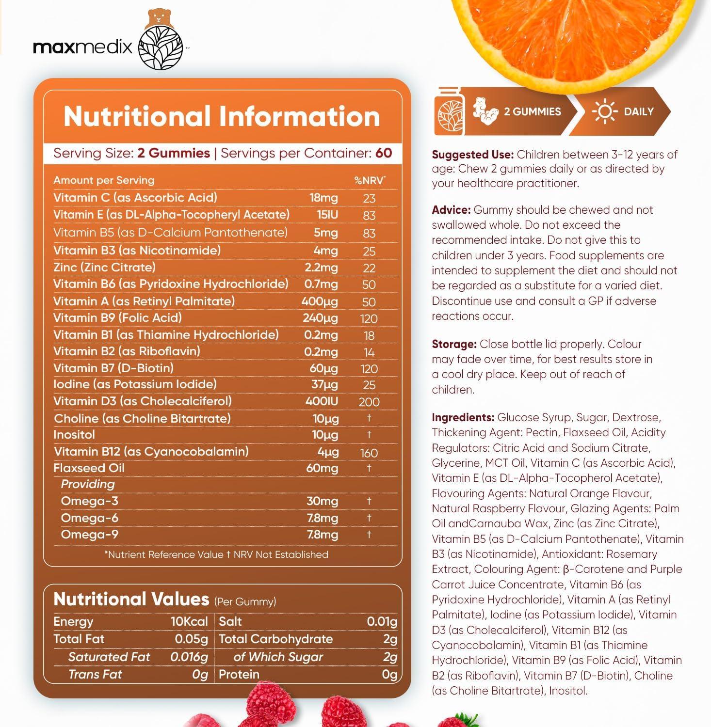Multivitamin for Kids - 120 Natural Raspberry & Orange Flavour Chewable ...