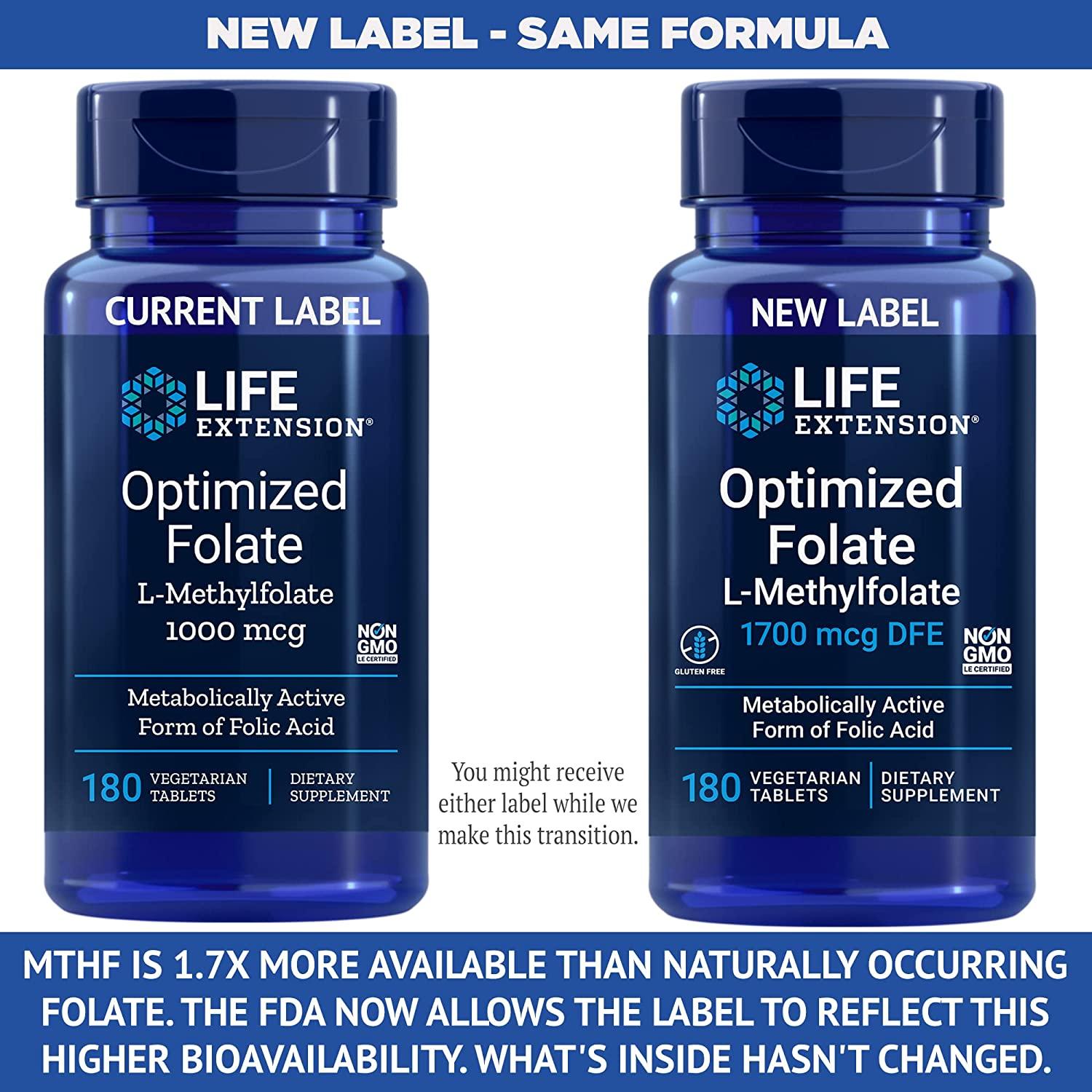 Life Extension Optimized Folate 180 Veg Tablets - L-Methylfolate 5-MTHF ...