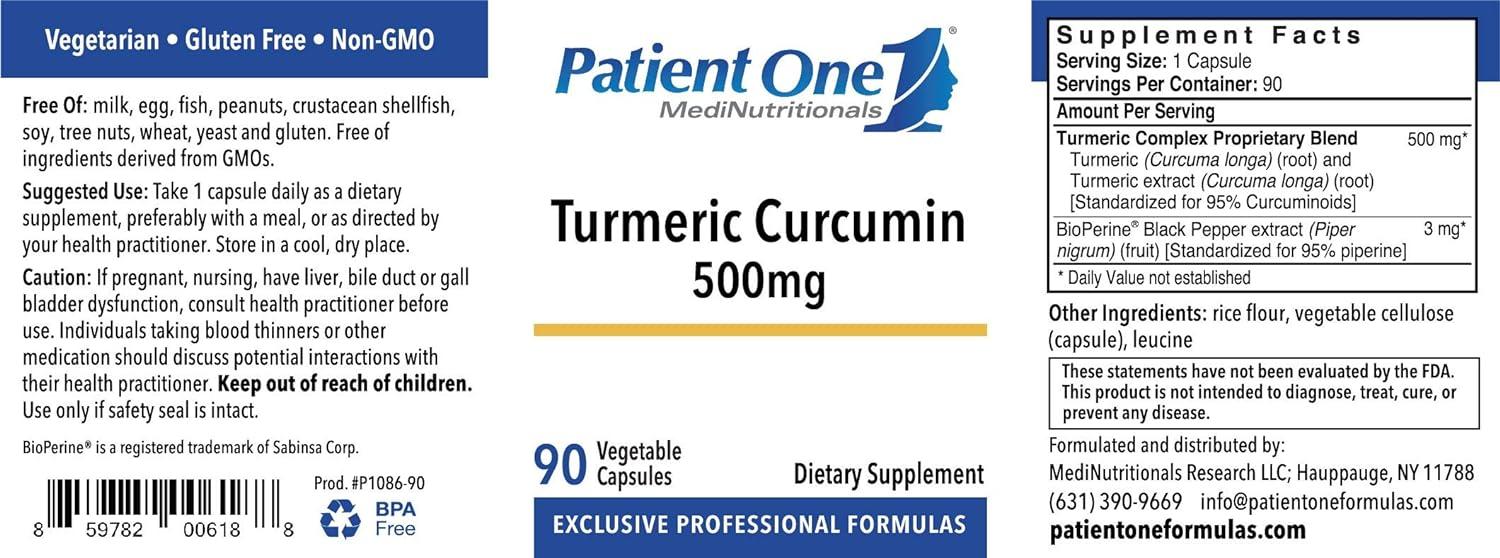 Patient One Turmeric Curcumin 500mg - 90 Veg Caps | Anti-Inflammatory ...