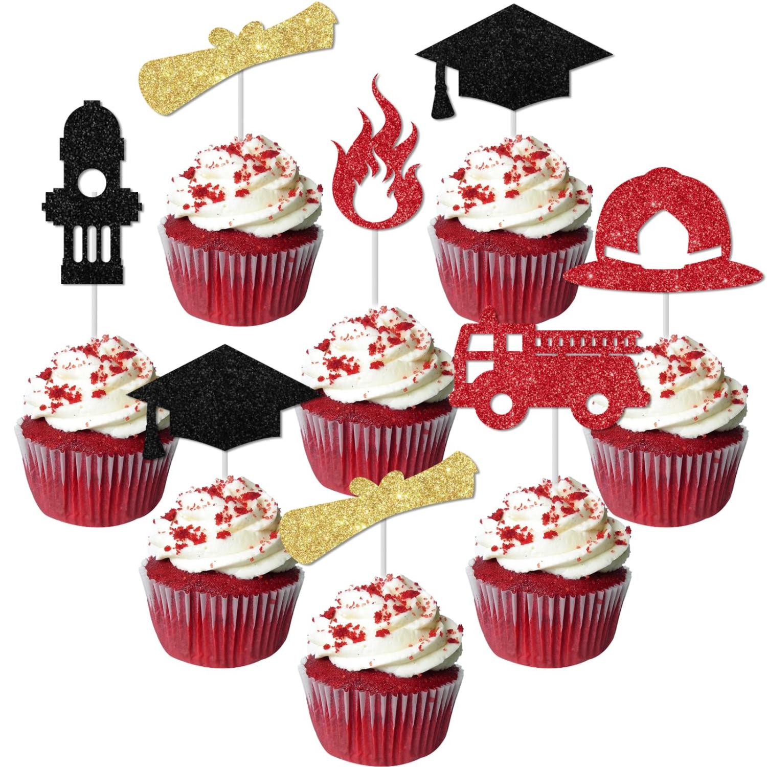 kreat4joy 24pcs Firefighter Graduation Cupcake Toppers Glittering ...