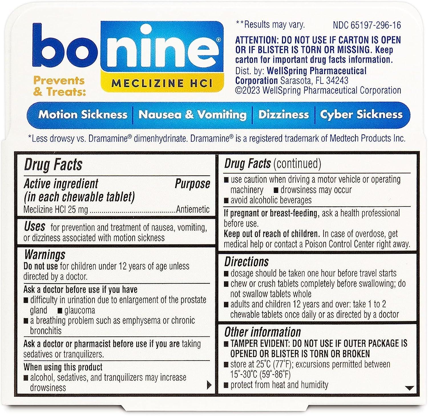Bonine Non-Drowsy Meclizine Hcl 25mg for Motion Sickness Relief - 16ct ...
