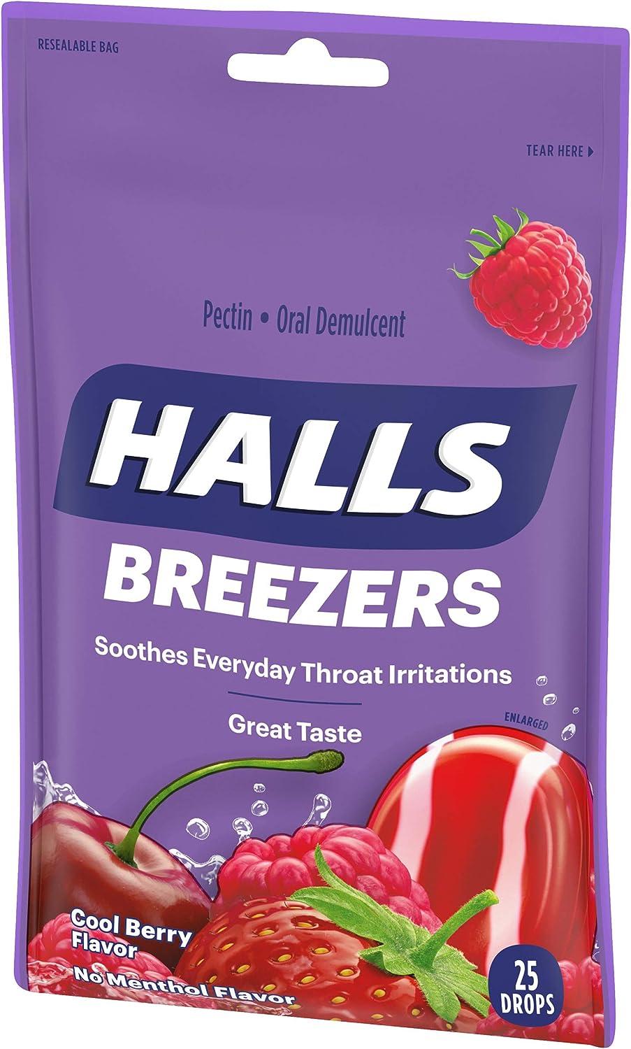 HALLS Breezers Cool Berry Drops - 25 Drops | Refreshing Throat Lozenges ...