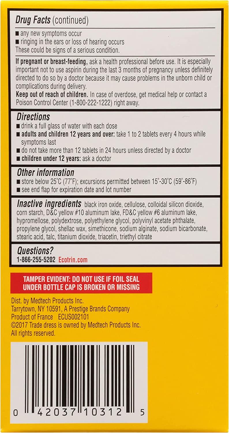 Ecotrin Regular Strength Aspirin 325mg for Arthritis Pain Relief - 300 ...