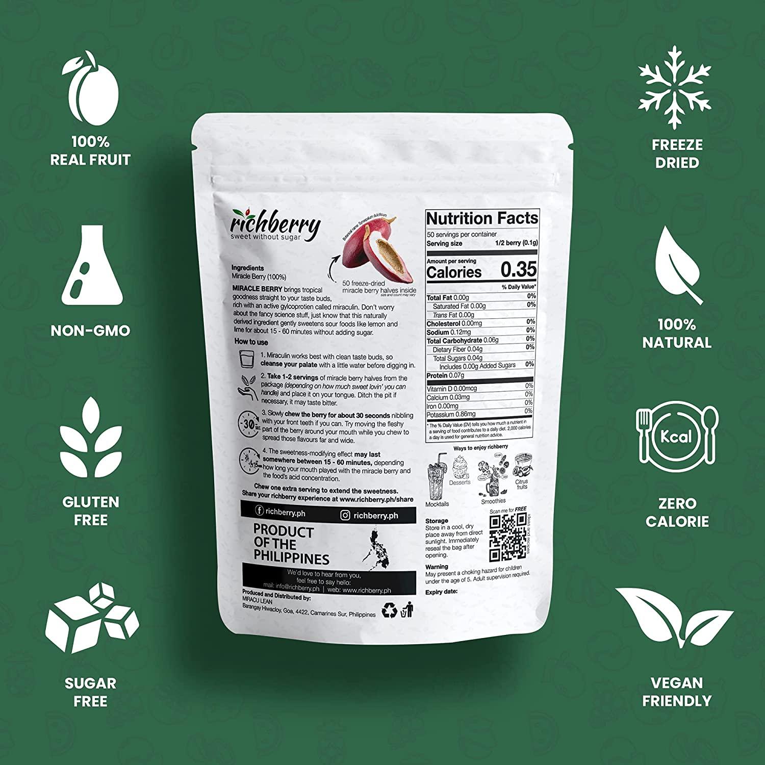 Richberry Miracle Berry Halves (8g) - 50 Pack, Sweetens Sour Foods ...