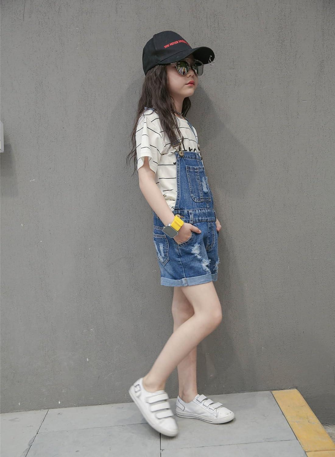 KIDSCOOL SPACE Little Girl Jean Overalls Big Ripped Denim Shortalls 3-4 ...