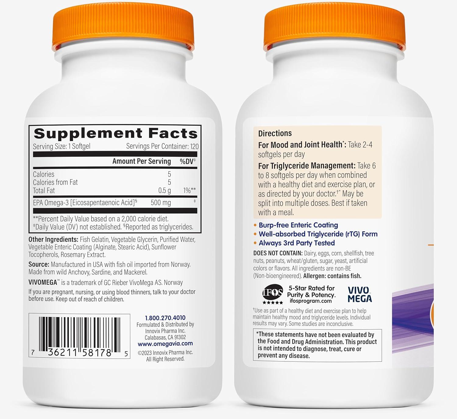 OmegaVia EPA 500 Pure Omega-3 - 120 Capsules for Heart Health