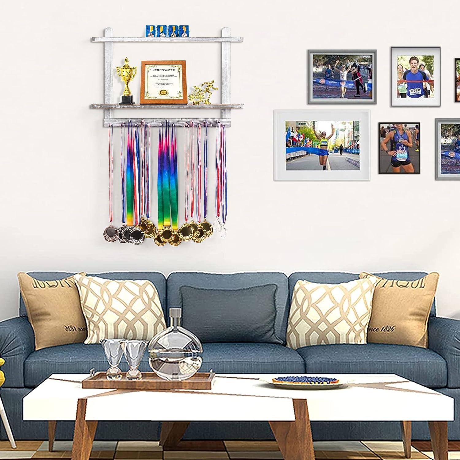 LAVIEVERT Wooden Medal Hanger & Trophy Shelf - Wall-Mounted Race Medal ...