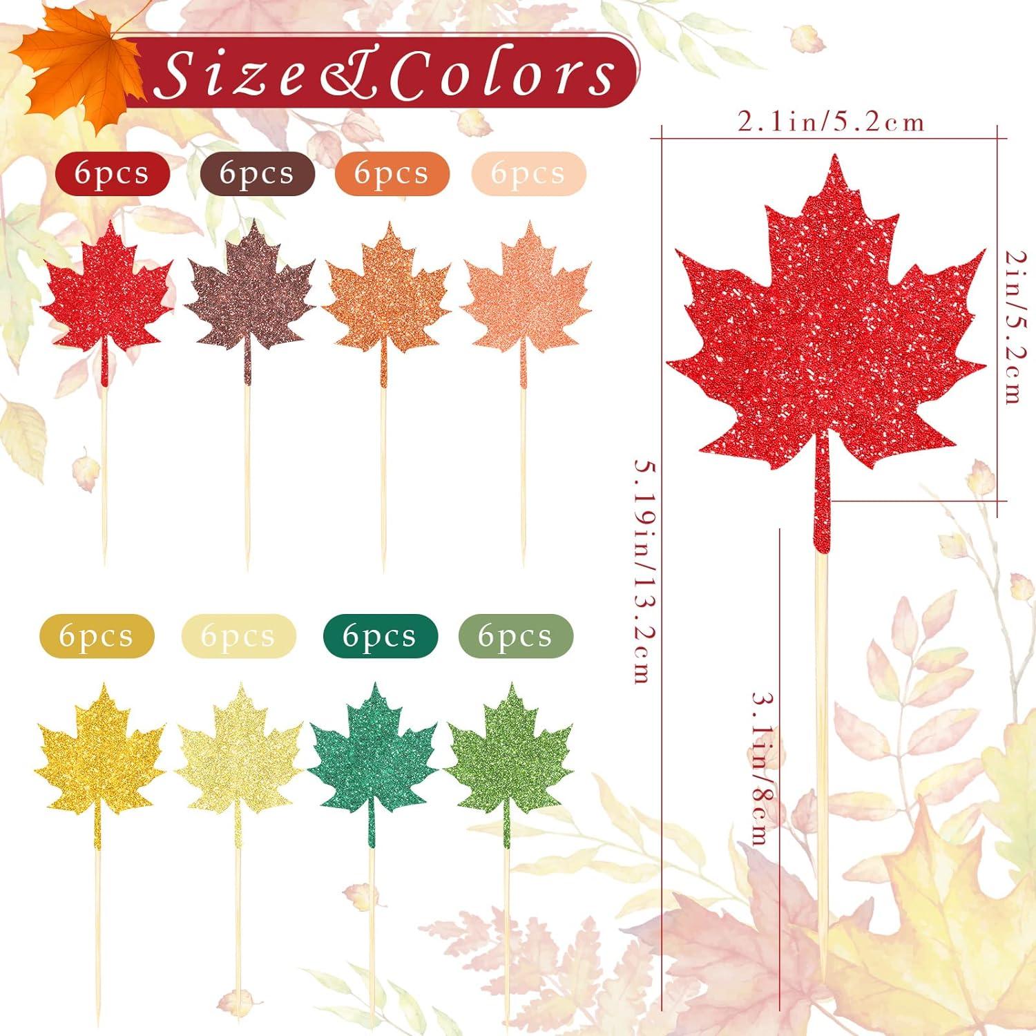 48 Pieces Maple Leaf Cupcake Toppers Glitter Fall Leaves Cake Topper 8 ...