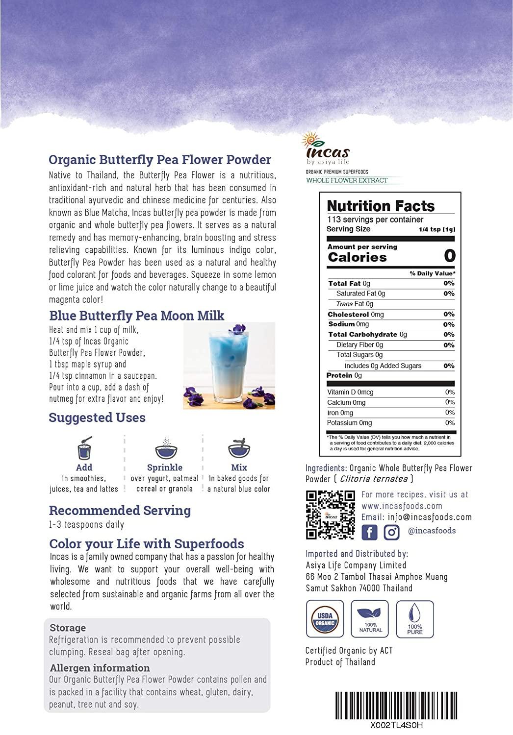 Incas USDA Organic Butterfly Pea Flower Powder - Non-GMO Blue Matcha ...