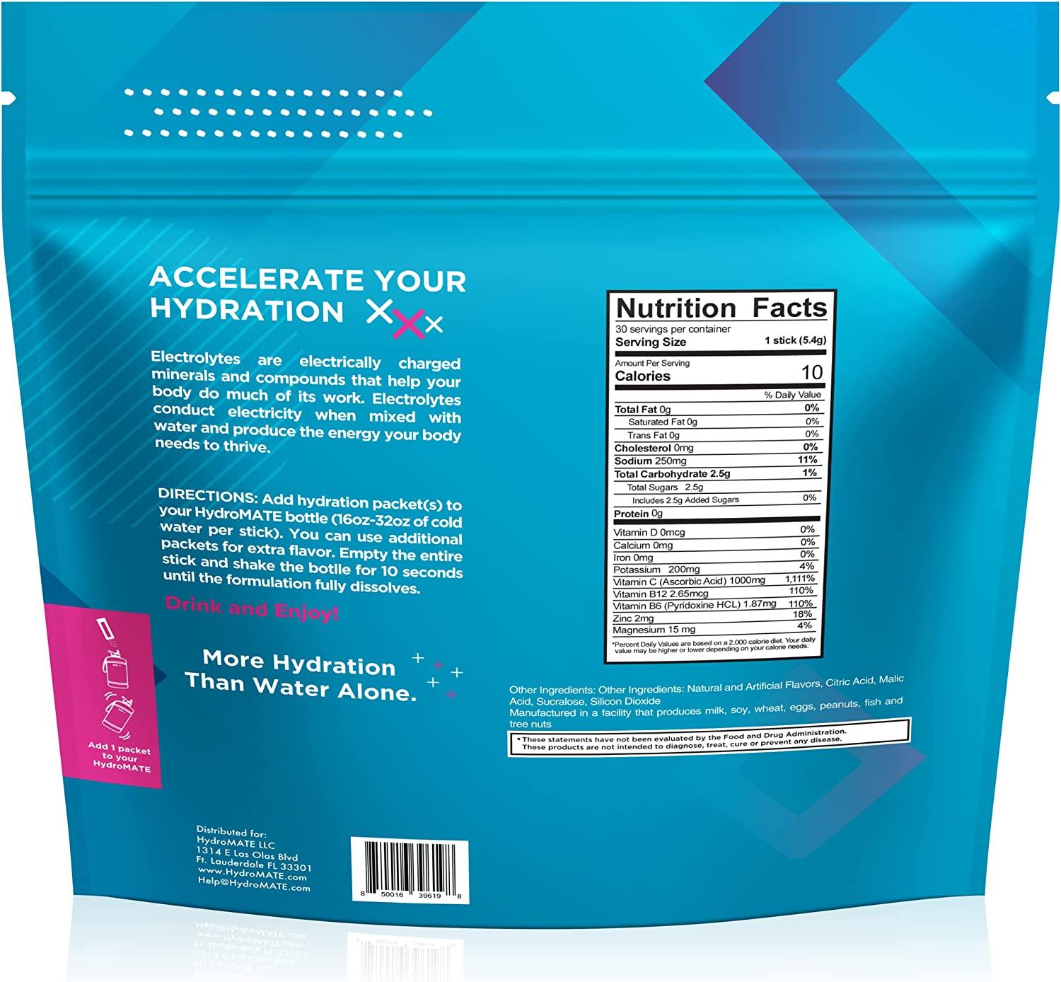 HydroMATE Electrolytes Powder Drink Mix Packets Hydration Accelerator ...