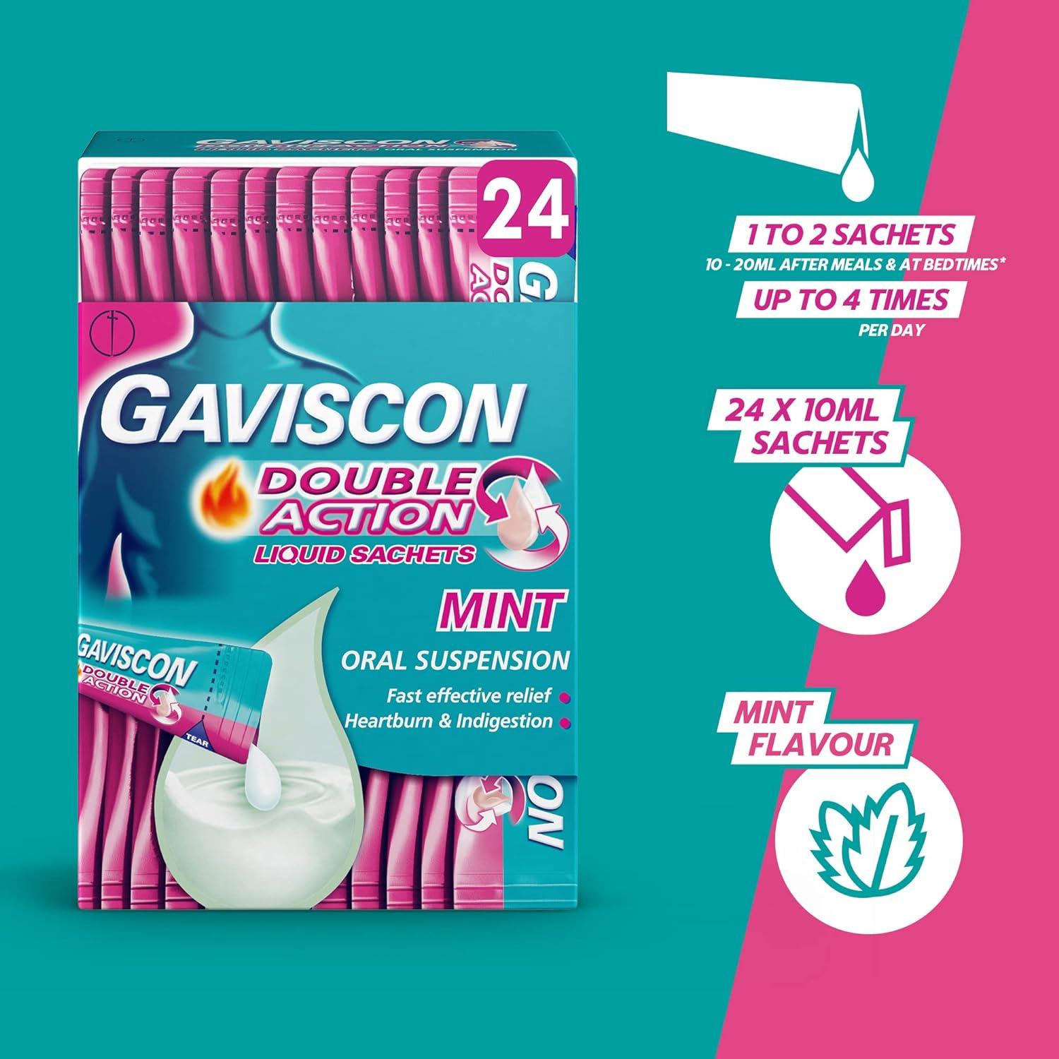 Gaviscon Double Action Mint Flavour Sachets 24x10ml - 4 Hour Heartburn ...