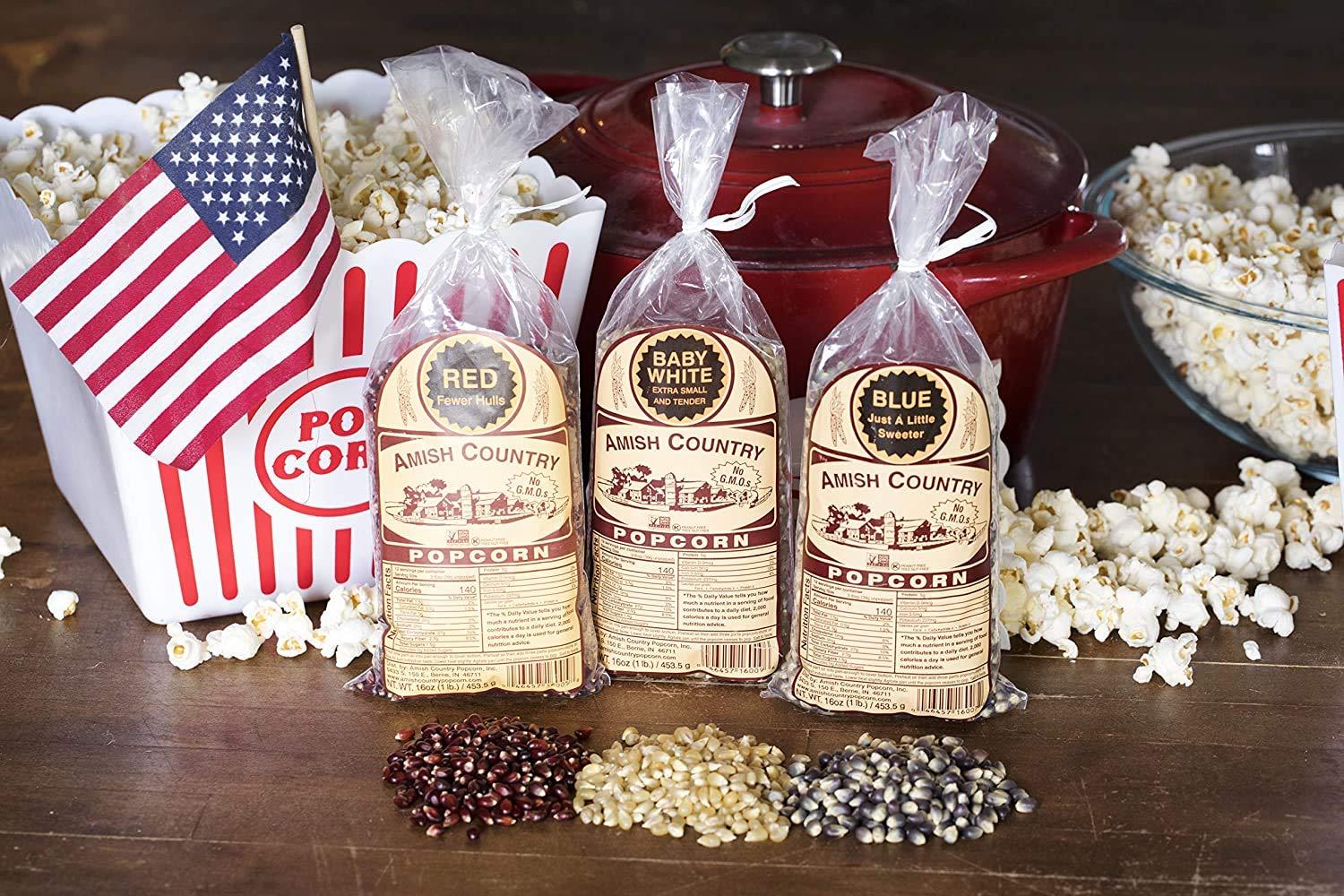 Amish Country Popcorn Variety Bundle - 3 lb - Red, White, Blue Kernels ...