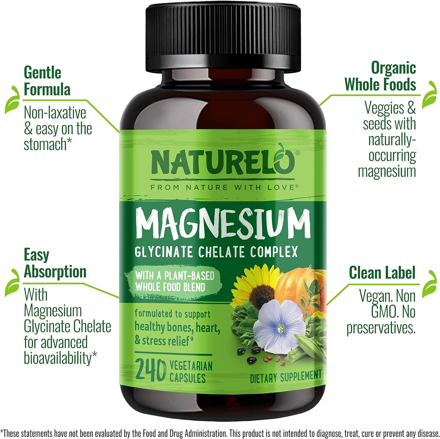 NATURELO Magnesium Glycinate Supplement - 200mg Chelate with Organic Vegetables - Sleep, Muscle ...