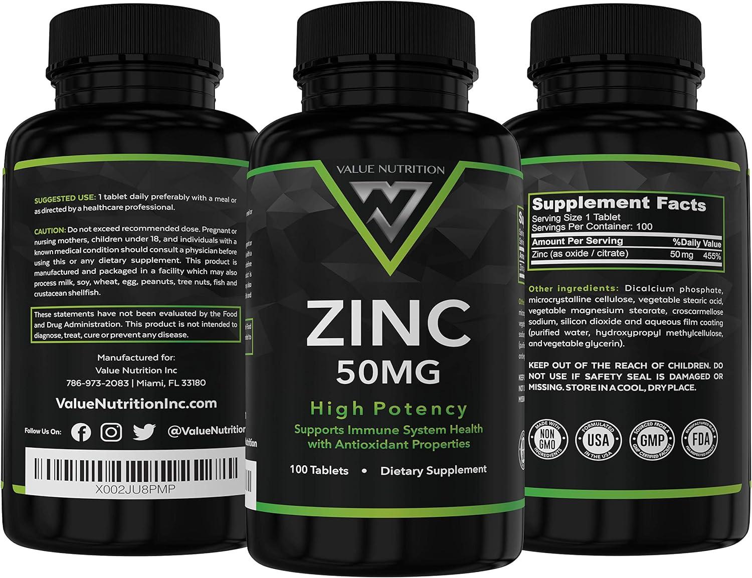 Zinc 50mg Immune Support Supplement - 100 High Potency Tablets ...