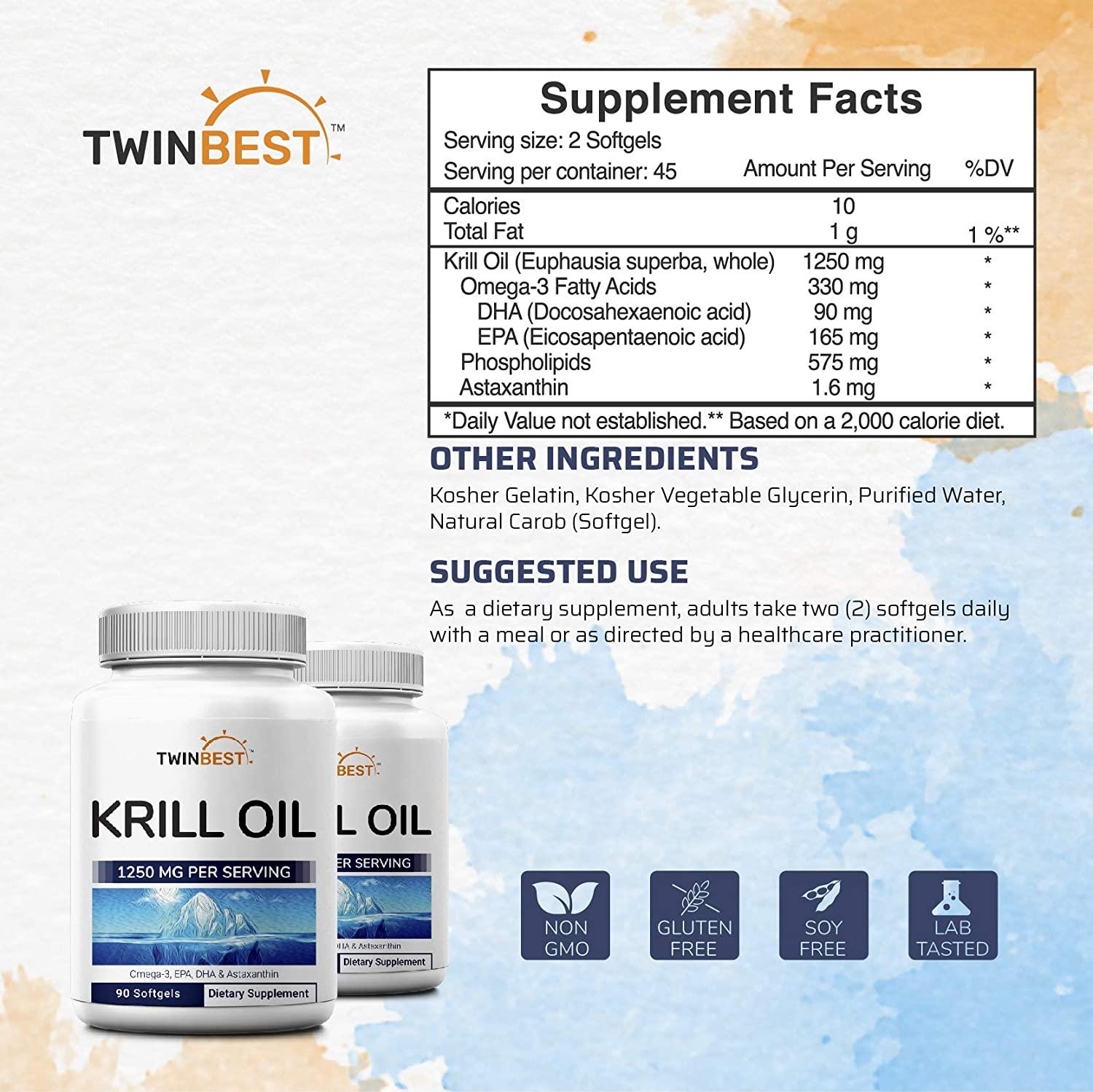 Twinbest Antarctic Krill Oil Softgels 2-Pack 1250mg Per Serving 180 Softgels Supply Rich in ...