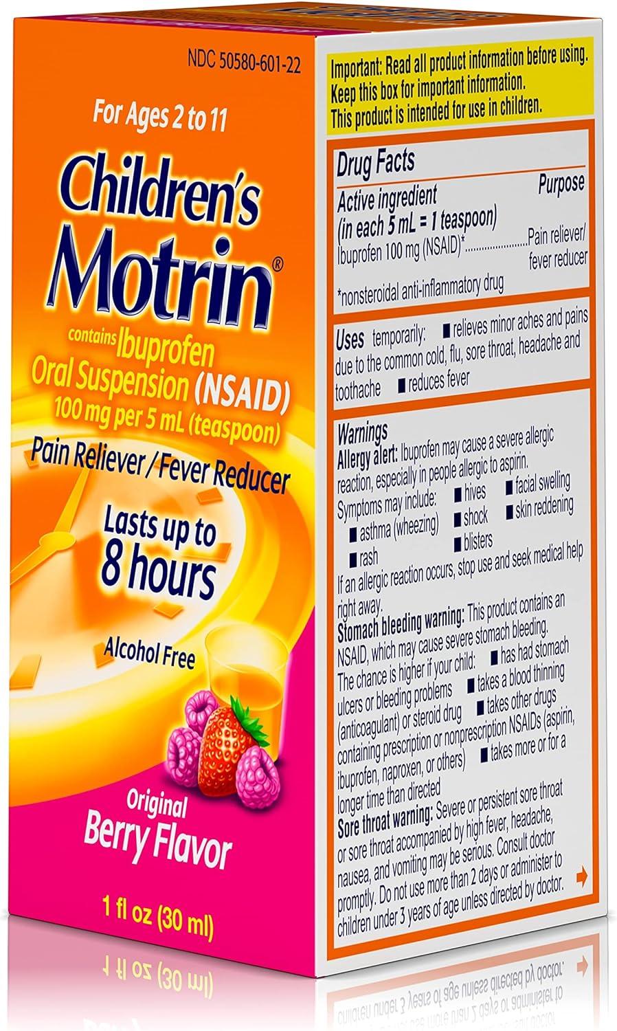 Children's Motrin Oral Suspension Pain Relief Ibuprofen Berry Flavored ...