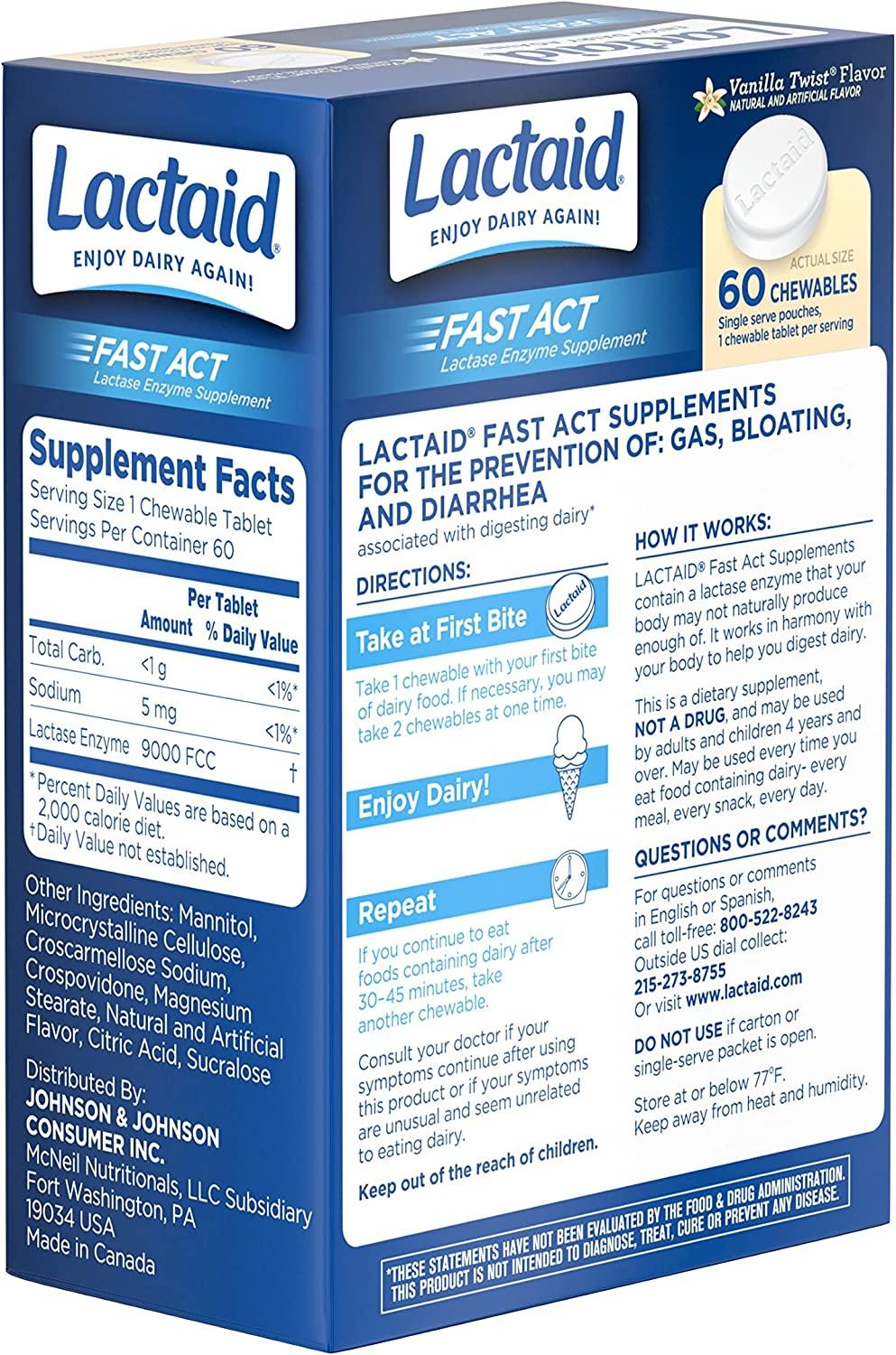 Lactaid Fast Act Lactose Intolerance Chewables - Vanilla 60 Count Pack ...