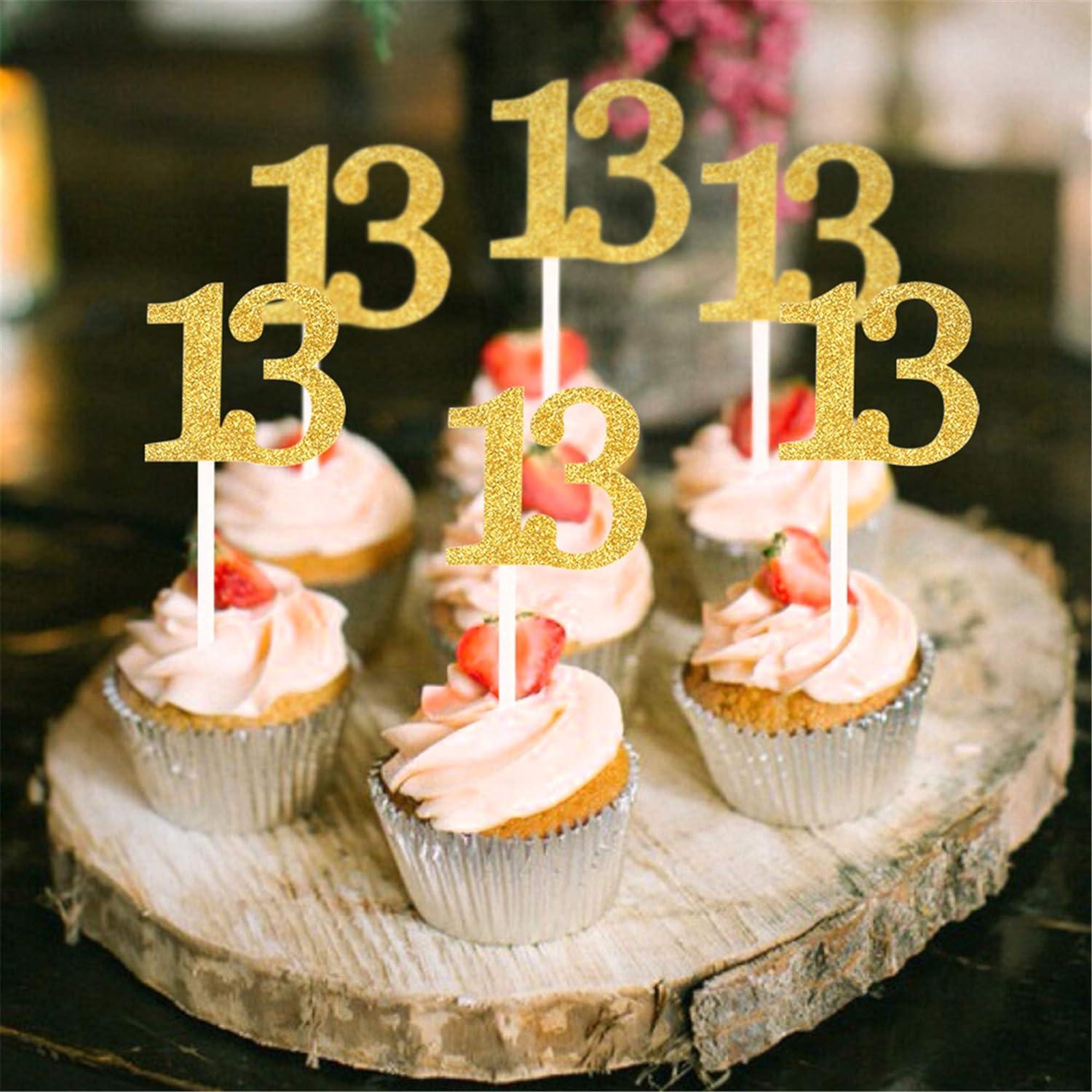 Unimall 20 Pieces Number 13 Cupcake Toppers Gold Glitter 13th Birthday ...