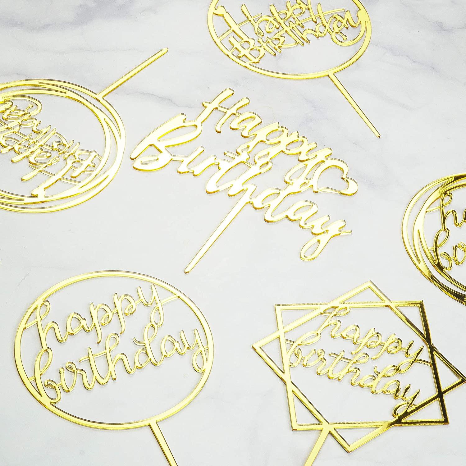6-Pack Gold Birthday Cake Topper Set Double-Sided Glitter Acrylic Happy ...