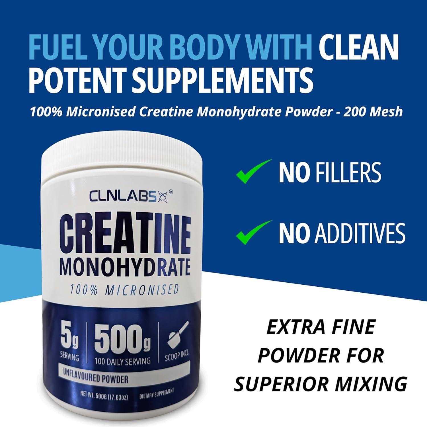 CLN Labs Creatine Monohydrate Powder 500g Tub | Fine Grade Unflavoured ...