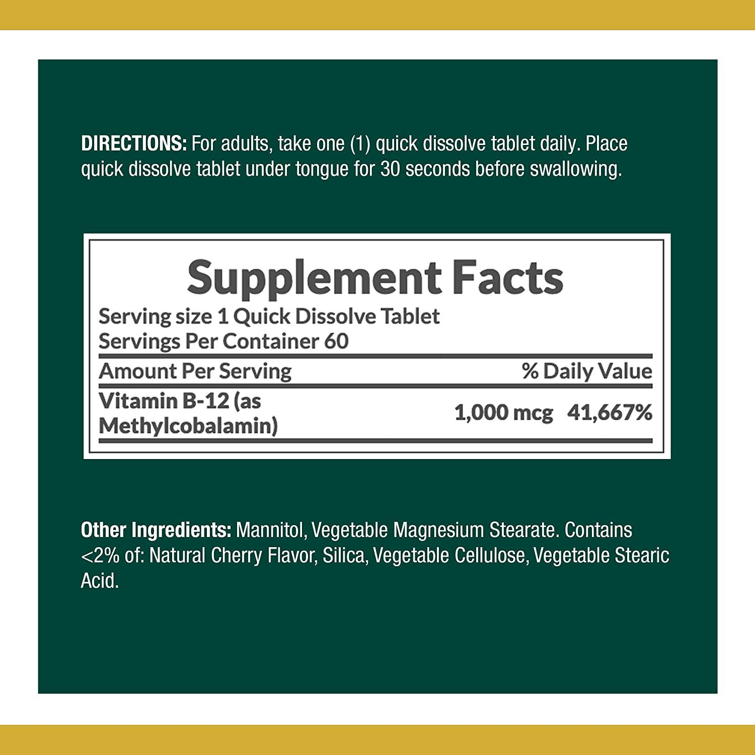 Natures Bounty Vitamin B12 1000mcg Quick Dissolve Supplement for Energy ...