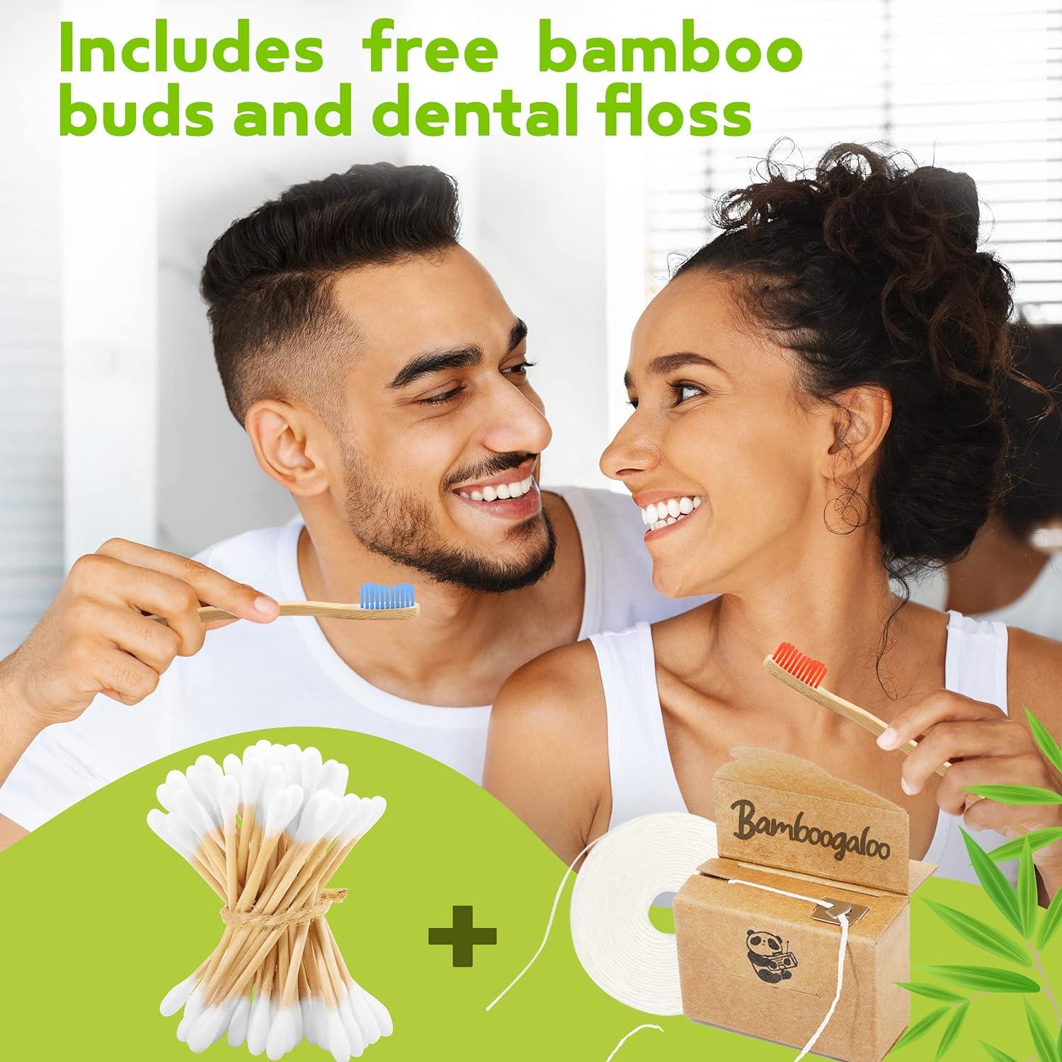 Organic Bamboo Toothbrushes 5-Pack with Cotton Buds & Dental Floss ...