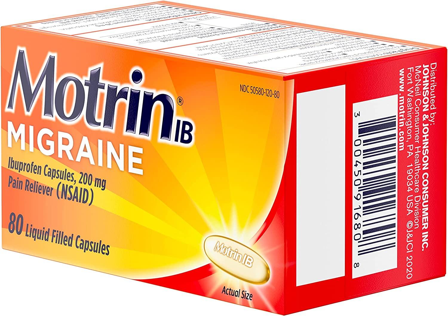 Motrin IB Migraine Liquid Gel Caps, Ibuprofen 200 mg, Migraine Relief ...