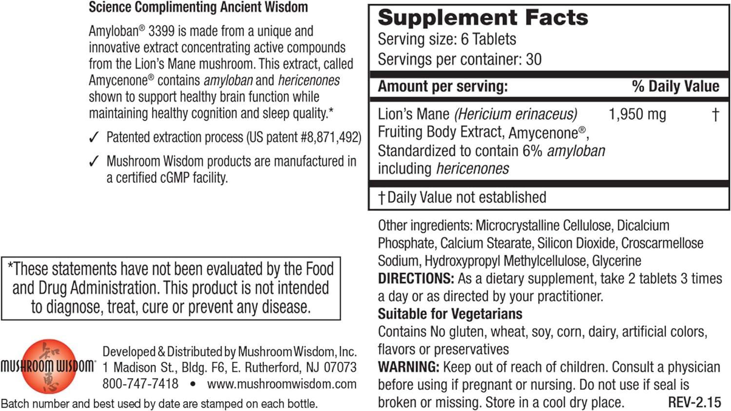 Mushroom Wisdom Lion's Mane Amyloban 180 Tablets - Cognitive Support ...