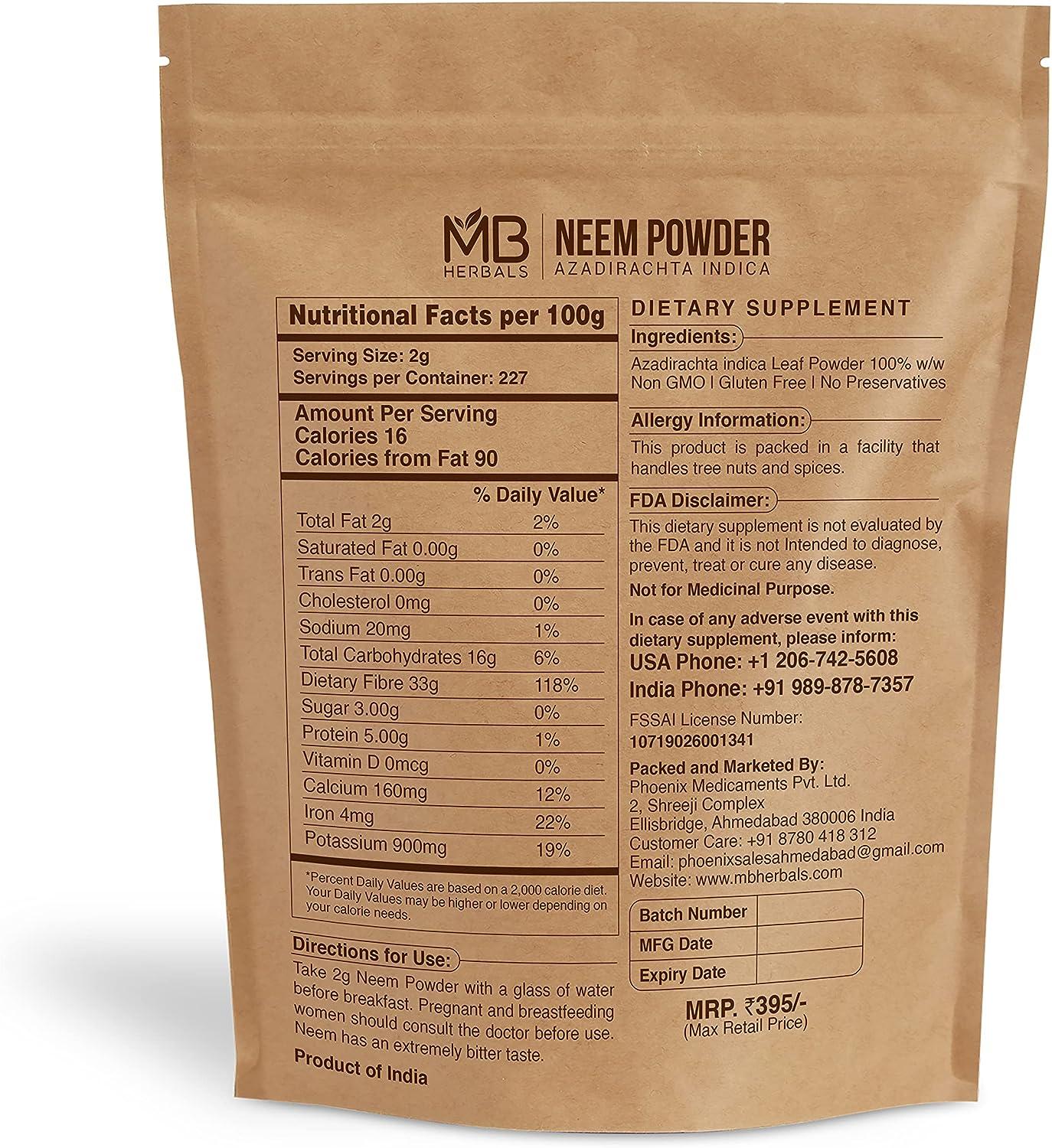 MB Herbals Pure Neem Powder 1lb - Wild Crafted Neem Leaf Powder for ...