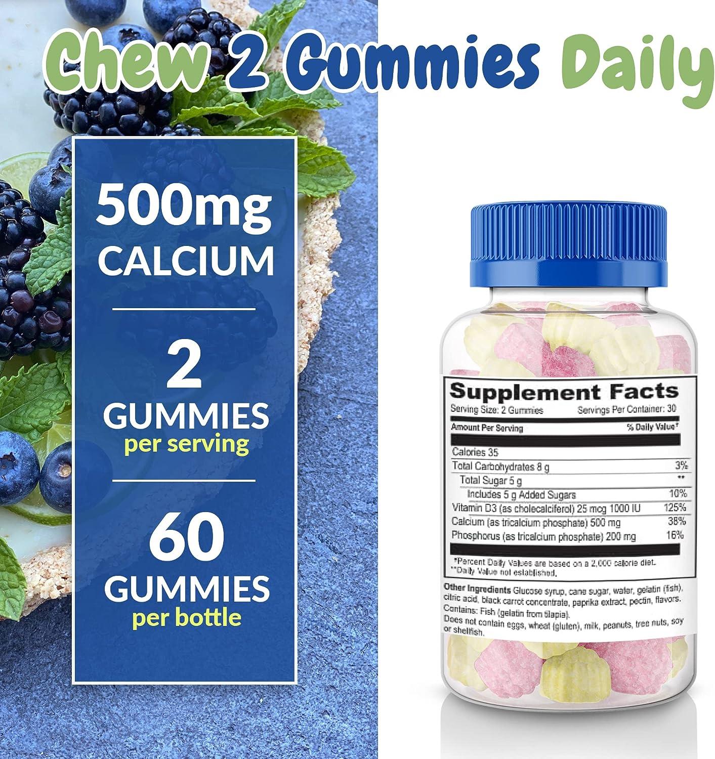 Calcium 500mg + Vitamin D3 1000 IU Gummies | Daily Dietary Supplement ...