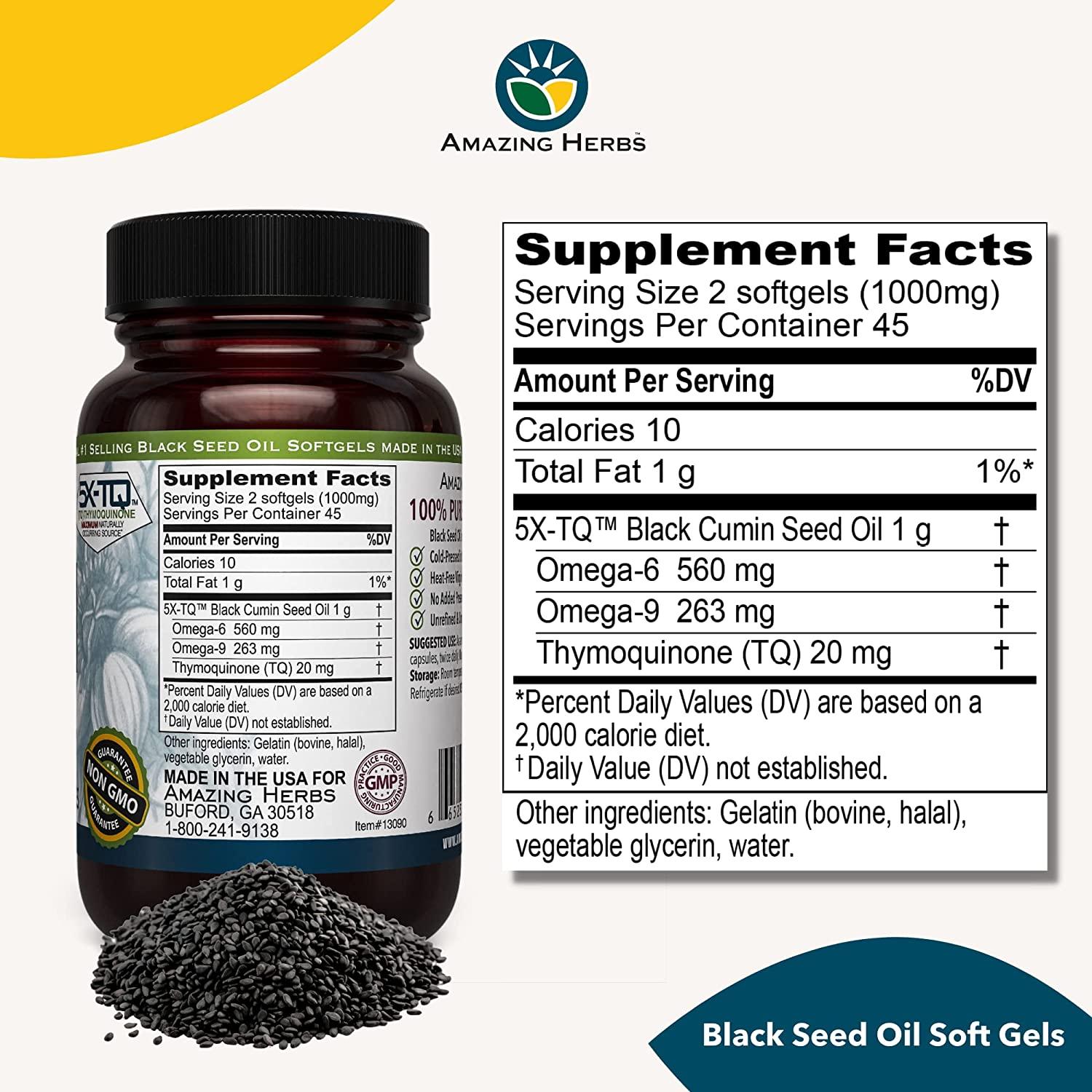 Amazing Herbs Premium Black Seed Oil Capsules - Gluten Free Non GMO ...