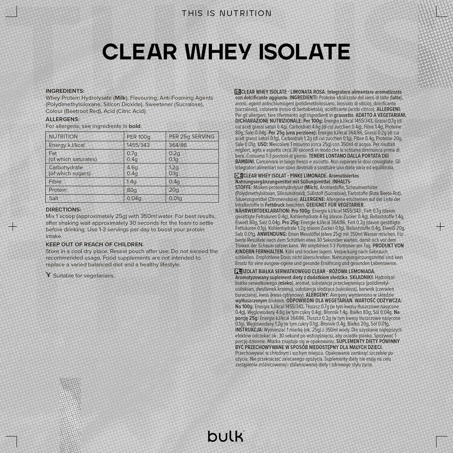 Bulk Clear Whey Isolate Powder Protein Shake Pink Lemonade 500 g | Buy ...