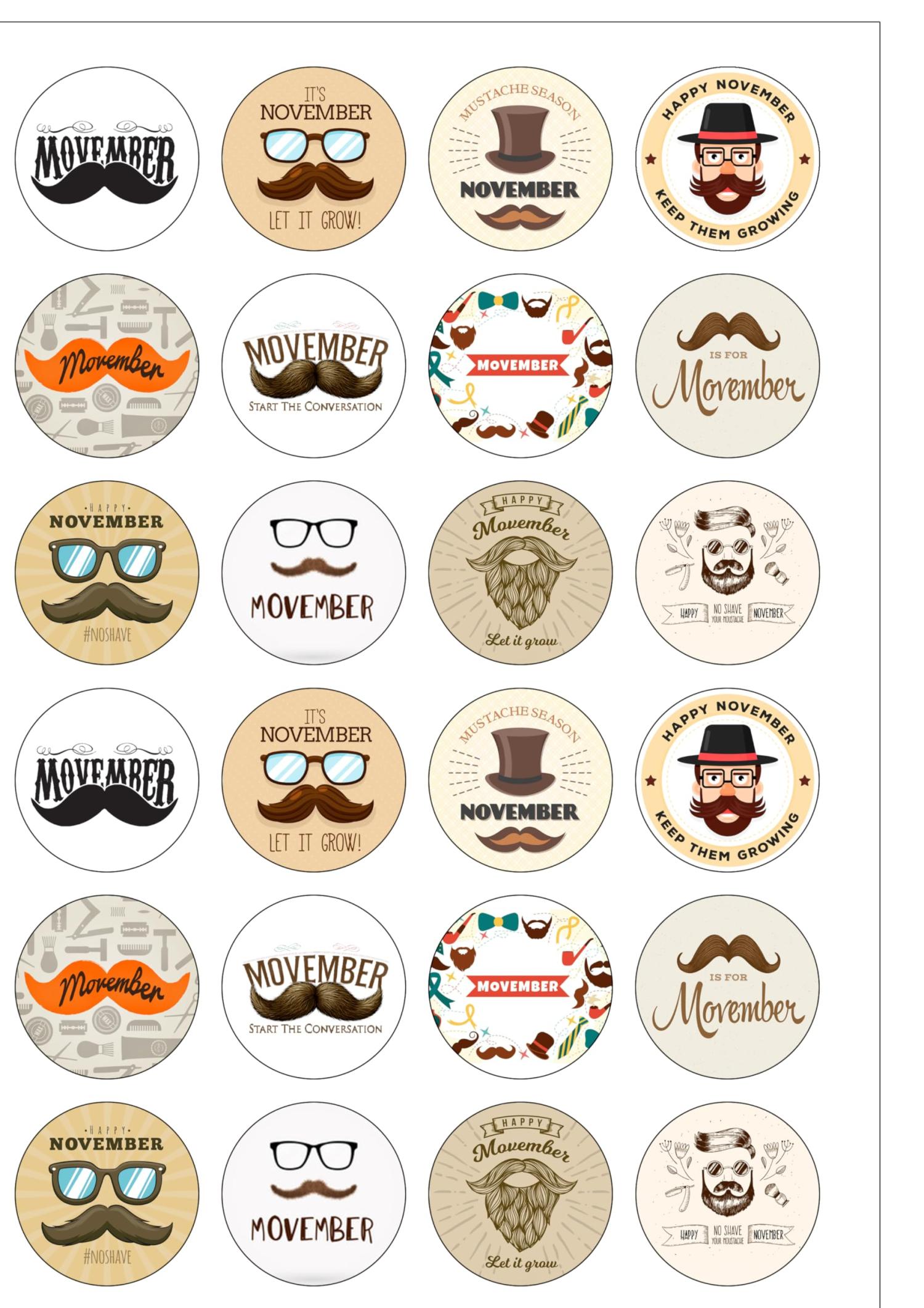 24 Pre-Cut MOVEMBER Charity Themed Edible Wafer Paper Cake Toppers ...